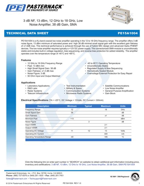 3 Db Nf 13 Dbm 12 Ghz To 18 Ghz Low Noise