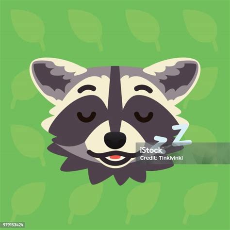 너구리 감정적인 머리입니다 귀여운 너구리의 벡터 그림 편안한 감정입니다 Emoji를 자 고 스마일 아이콘입니다 인쇄 채팅 통신입니다 녹색 배경에 플랫 만화 스타일에 회색