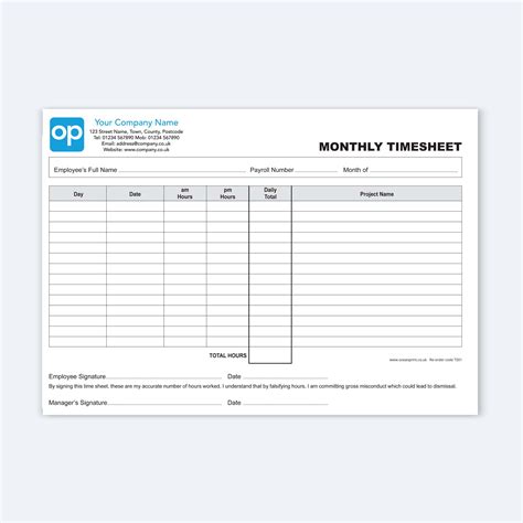 Personalise Your Monthly Timesheet Oceanprint