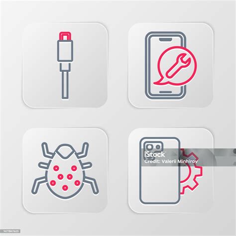 회선 전화 수리 서비스 시스템 버그 모바일 및 Usb 케이블 코드 아이콘을 설정합니다 벡터 Usb 케이블에 대한 스톡 벡터 아트 및 기타 이미지 Istock