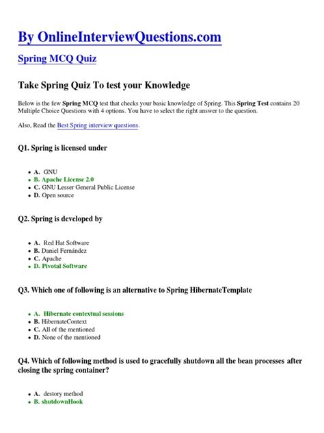 spring mcq quiz pdf computer programming software engineering