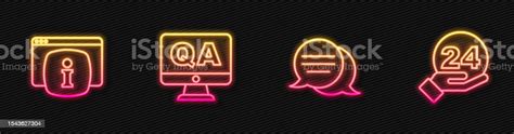 라인 말풍선 채팅 설정 Faq 정보로 모니터링 질문 및 답변 및 전화 24시간 지원 빛나는 네온 아이콘입니다 벡터 24에 대한