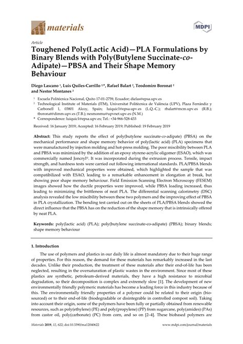 Pdf Toughened Polylactic Acid—pla Formulations By Binary Blends With Polybutylene Succinate