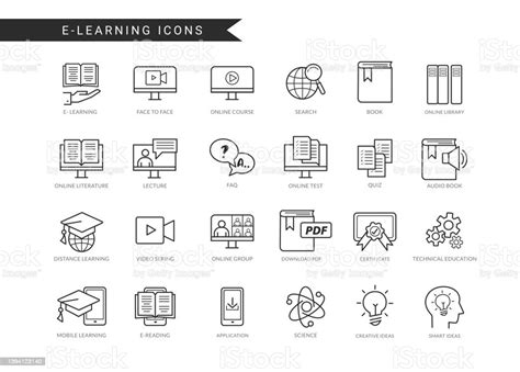 E러닝 아이콘 벡터 세트 온라인 교육 학습을위한 기술 및 지식 기호가있는 선 그리기 디자인의 Elearning 기호 아이콘 0