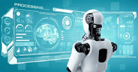 thinking ai hominoid robot analyzing hologram screen showing concept of