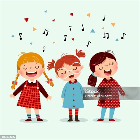 파란색 배경에 노래를 부르는 세 어린 소녀 행복한 세 아이들이 함께 노래합니다 노래에 대한 스톡 벡터 아트 및 기타 이미지 노래 아이 합창단 Istock