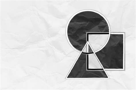 세 개의 겹치거나 교차하는 기하학적 모양이 있는 수평 검은색 구겨진 종이 벡터 배경은 평범한 흰색 배경 위에 원형 정사각형 및 삼각형 서로 다른 색조로 구별되는 교차점입니다