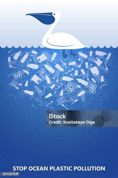 바다 플라스틱 오염을 중지합니다 생태 포스터 펠리컨 흰색 비닐 쓰레기 봉투 파란색 배경에 병물에 공간을 복사합니다 플랫 디자인 0명에 대한 스톡 벡터 아트 및 기타 이미지