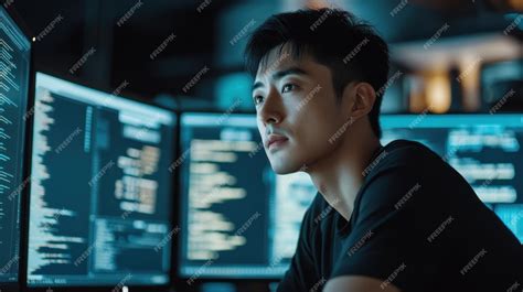 Focused Programmer Working On Multiple Monitors With Code Displayed In A Modern Office