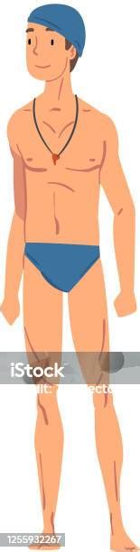 남자 수영 선수 반바지와 모자 벡터 일러스트화이트 배경에 남성 선수 캐릭터 근육질 체격에 대한 스톡 벡터 아트 및 기타 이미지 근육질 체격 기술 길이 Istock