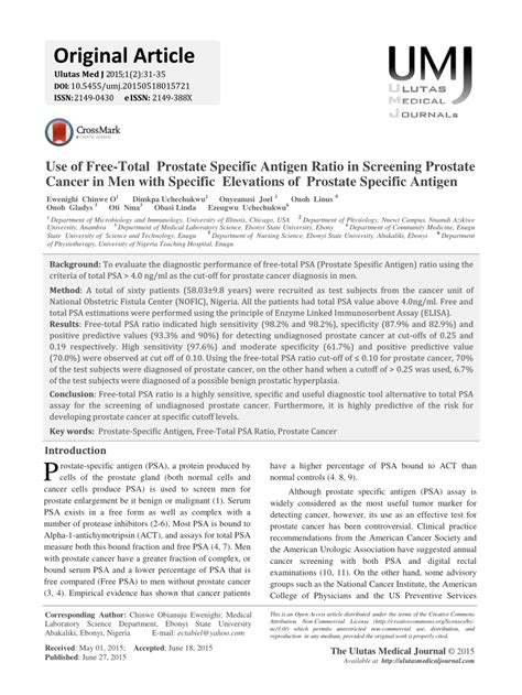Pdf Use Of Free Total Prostate Specific Antigen Ratio In Screening Prostate Cancer In Men With
