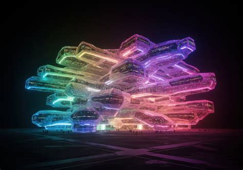 Futuristic Neon Architecture Illuminated By Vibrant Geometric Design At Night Stock Image