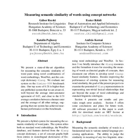 Measuring Semantic Similarity Of Words Using Concept Networks Acl Anthology