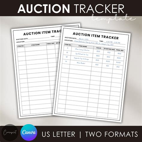 Auction Item Tracker Editable Auction Template For School Auction Live