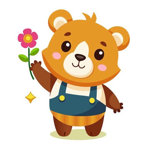 꽃 을 들고 있는 테디 베어 의 만화 프리미엄 벡터