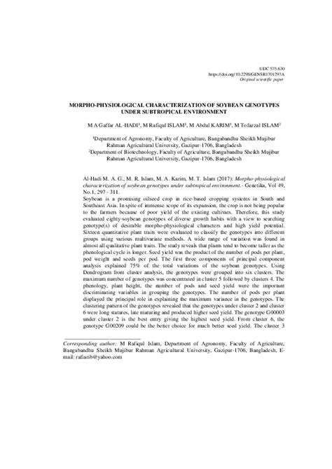 Pdf Morpho Physiological Characterization Of Soybean Genotypes Under Subtropical Environment