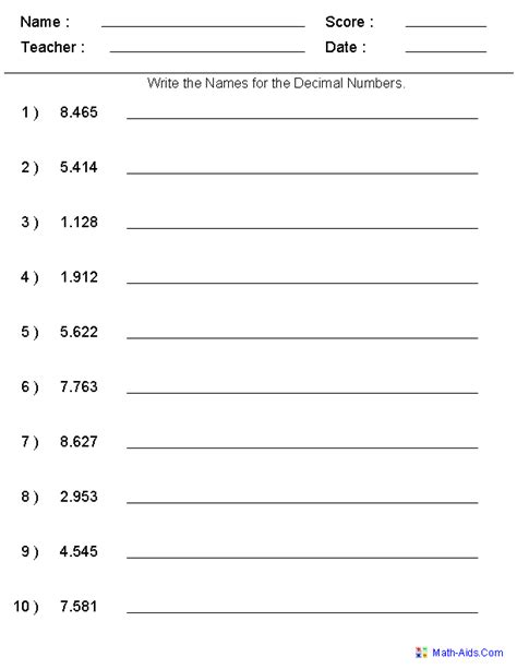 Writing Word Names For Decimal Numbers Number Words Worksheets Grade 5