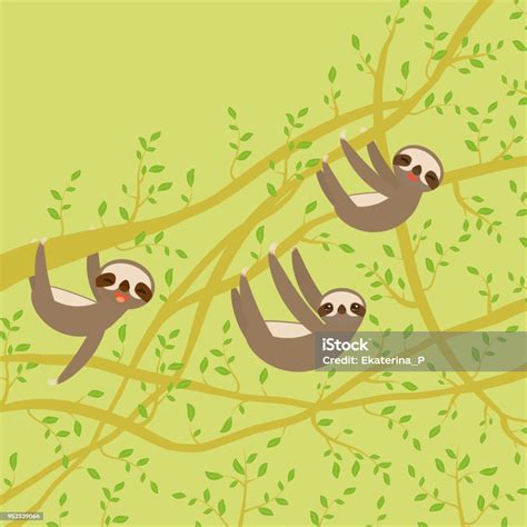 재미 있고 귀여운 웃는 세 발가락 나무늘보와 카드 배너 템플릿 녹색 지점 트리 기 복사 공간 녹색 배경 설정합니다 벡터 갈고리 발톱에 대한 스톡 벡터 아트 및 기타 이미지