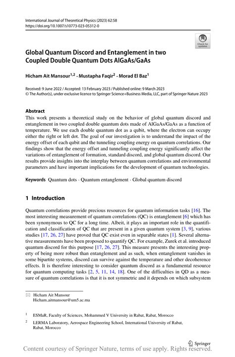 Global Quantum Discord And Entanglement In Two Coupled Double Quantum Dots Algaasgaas Request Pdf