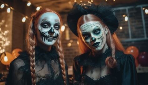 Premium Ai Image Two Young Women Smiling In A Spooky Halloween Celebration Indoors Generated