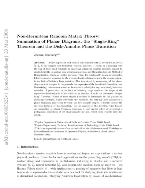Pdf Non Hermitian Random Matrix Theory Summation Of Planar Diagrams The ‘single Ring