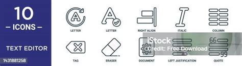 텍스트 편집기 개요 아이콘 세트에는 얇은 줄 문자 오른쪽 정렬 열 지우개 왼쪽 정당화 인용문 보고서 태그 아이콘 프리젠 테이션 다이어그램 웹 디자인이 포함됩니다 0명에 대한