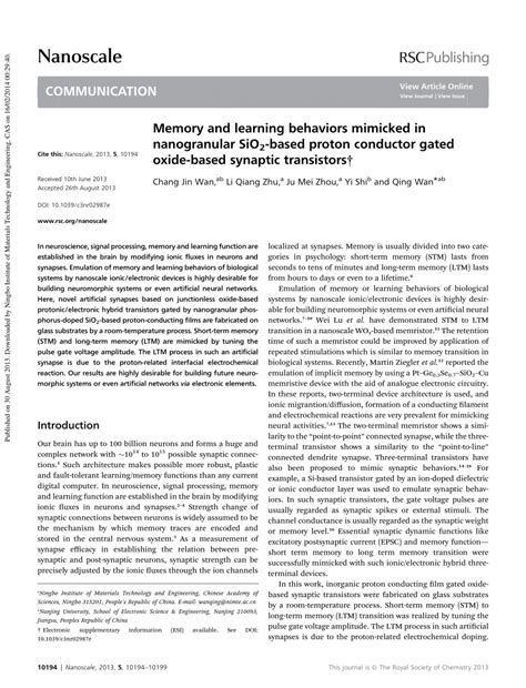 Pdf Memory And Learning Behaviors Mimicked In Nanogranular Sio2 Based