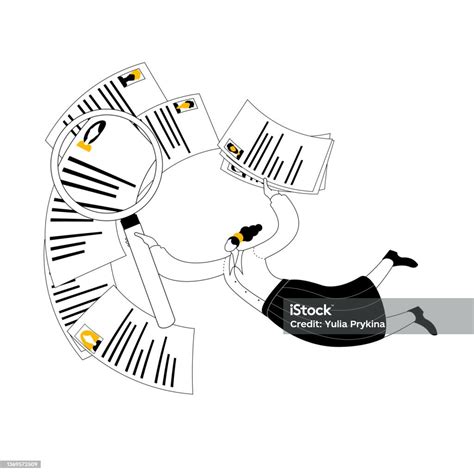 Hr 관리자는 돋보기를 사용하여 다양한 이력서를 봅니다 개념에 대한 스톡 벡터 아트 및 기타 이미지 개념 경영자 공중 부양 Istock