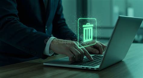 deleting data on laptop with icon overlay cybersecurity concept stock