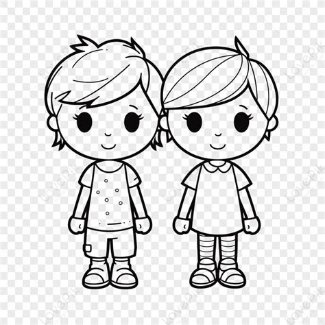 소년과 소녀 윤곽선 스케치 드로잉이 있는 두 아이 색칠 페이지 벡터개요웃다 Png 일러스트 무료 다운로드 Lovepik