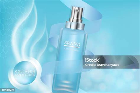 뷰티 제품 광고 디자인 콜라겐 용액 광고 배경이있는 파란색 화장품 용기 고급 스킨 케어 배너 일러스트 벡터 개념에 대한 스톡