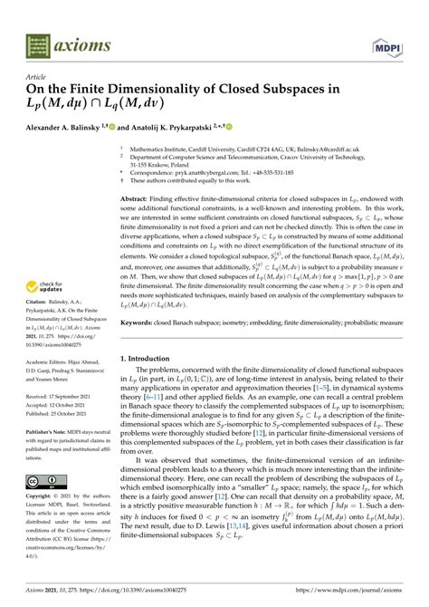 Pdf On The Finite Dimensionality Of Closed Subspaces In Lpmdμ∩lqmdν