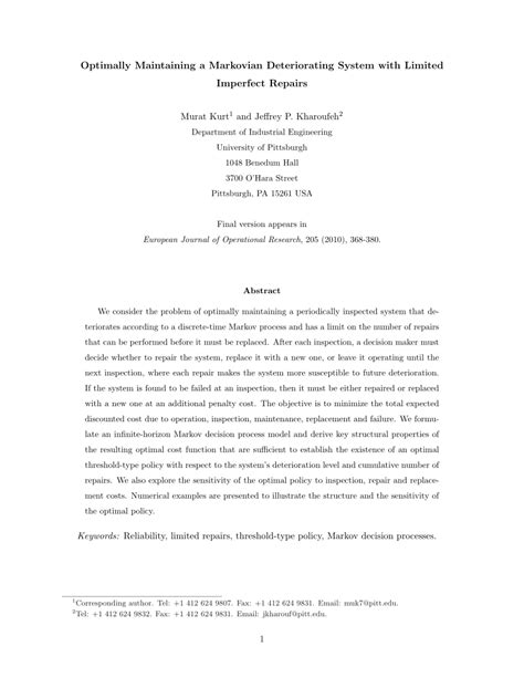Pdf Optimally Maintaining A Markovian Deteriorating System With Limited Imperfect Repairs