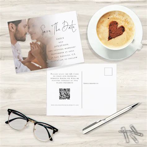 Modern Photo Script QR Code Wedding Save The Date Postcard Zazzle