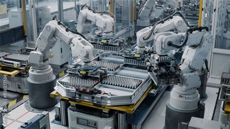 Industrial Robot Arms Assemble Lithium Ion EV Battery Pack Row Of White Robotic Arms At