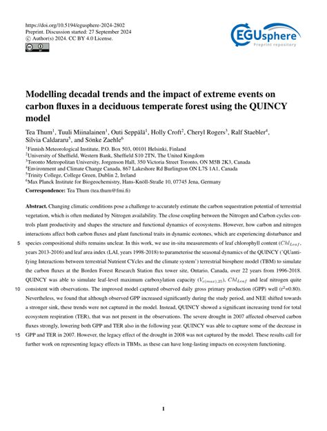 Pdf Modelling Decadal Trends And The Impact Of Extreme Events On Carbon Fluxes In A Deciduous