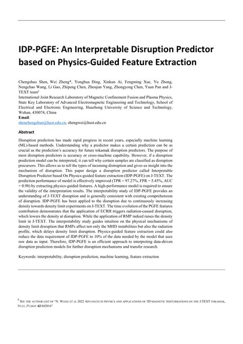Pdf Idp Pgfe An Interpretable Disruption Predictor Based On Physics