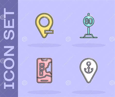 Set Location With Anchor City Map Navigation And Speed Limit Traffic Icon Vector Stock