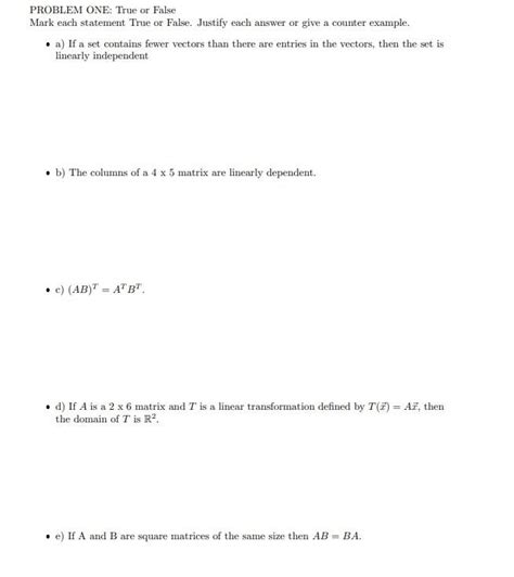 Solved Problem One True Or False Mark Each Statement True