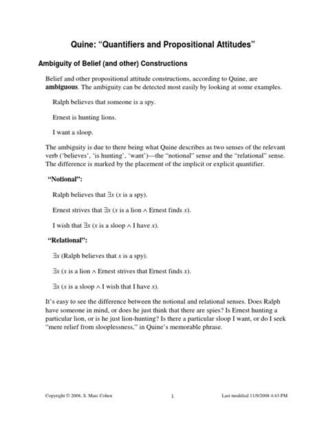 Quine Quantifiers And Propositional Attitudes Ambiguity Of Belief