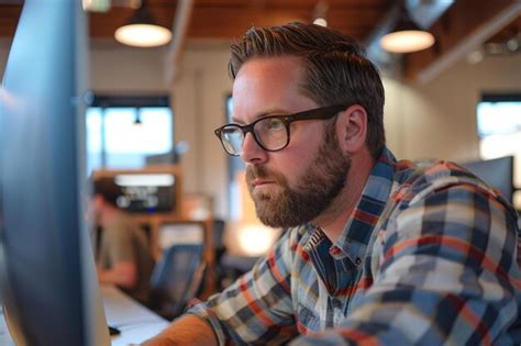 a male hip 35 year old american web developer at work in a modern