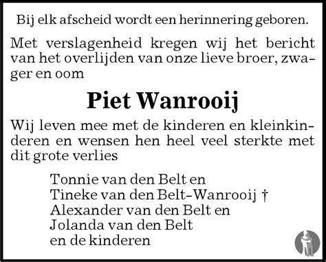 Pieter Willem Piet Wanrooij 04 06 2006 Overlijdensbericht En Condoleances Mensenlinq Nl