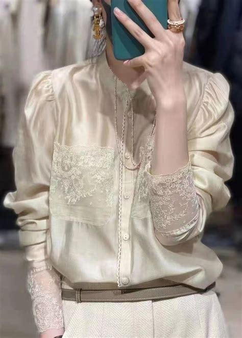 Fashion White Stand Collar Button Lace Patchwork Silk Blouses Long Sleeve Long Blouse Silk