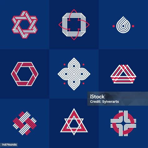 얽힌 선 빈티지 스타일 아이콘 컬렉션 추상 기하학적 선형 기호 벡터 세트 로고 생성을위한 그래픽 디자인 요소 뒤엉킴에 대한 스톡