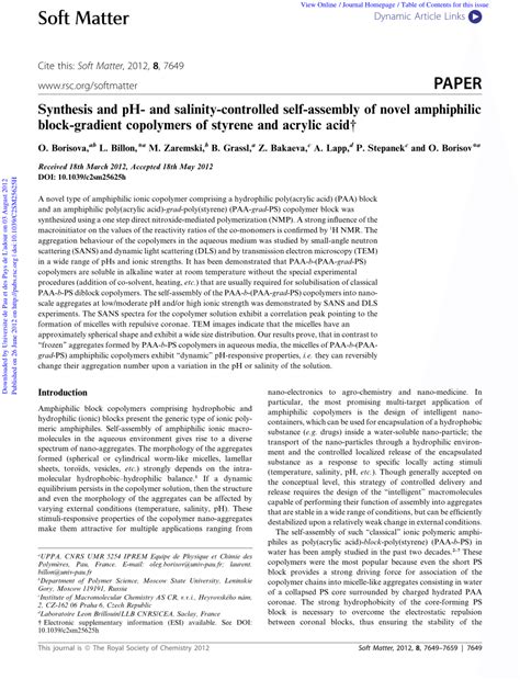 Pdf Synthesis And Ph And Salinity Controlled Self Assembly Of Novel Amphiphilic Block