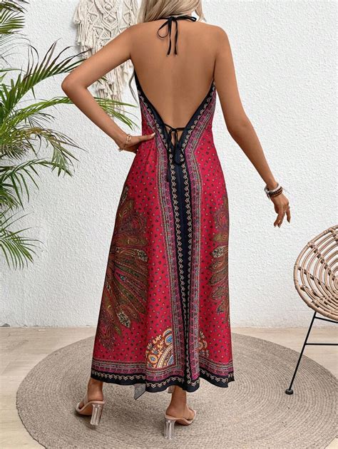 Shein Holidaya Women Floral Print Halter Neck Backless Long Sexy Dress