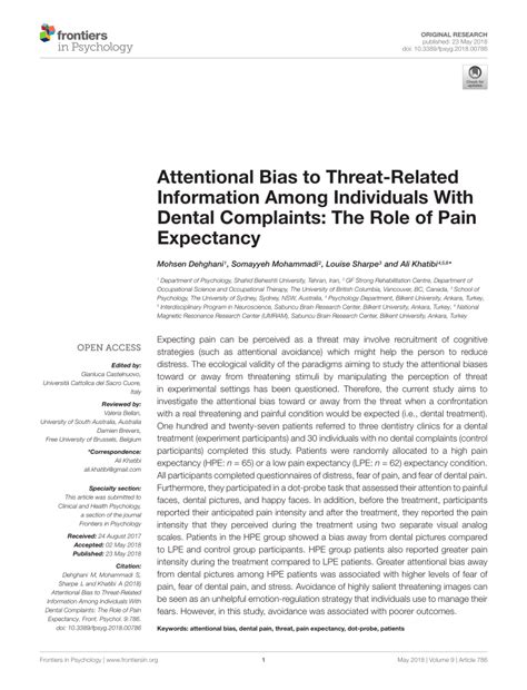Pdf Attentional Bias To Threat Related Information Among Individuals With Dental Complaints