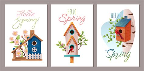 안녕하세요 봄 카드 세트입니다 새집 꽃 새가 있는 봄 시즌 배경 카드 포스터 배너 전단지 태그 소셜 미디어 프로모션 배지에 대한 봄 벡터 일러스트 레이 션 디자인 새에 대한