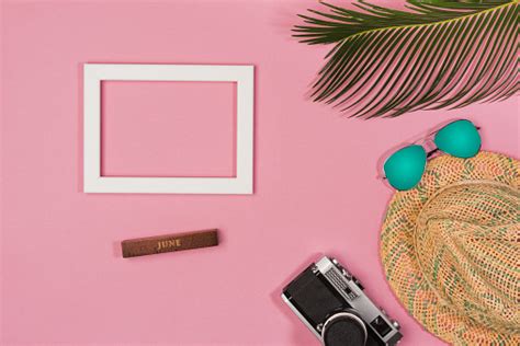 블루 파스텔 배경에 사진 프레임 녹색 나뭇잎 모자와 선글라스와 세련 된 여름 구성 복사 공간이 있는 아트웍 모의 광고 개념에 대한 스톡 사진 및 기타 이미지 Istock