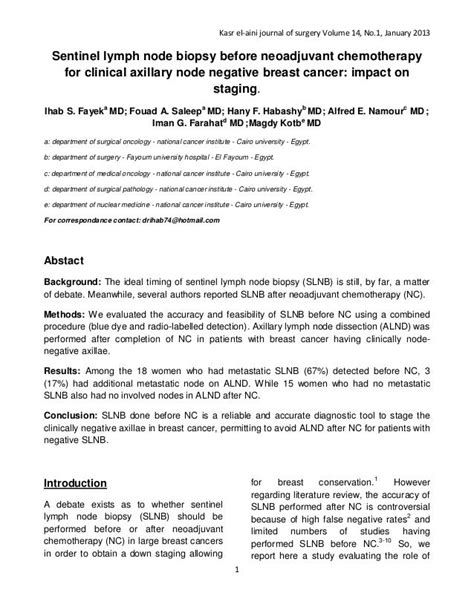 Sentinel Lymph Node Biopsy Before Neoadjuvant Chemotherapy For Clinic…
